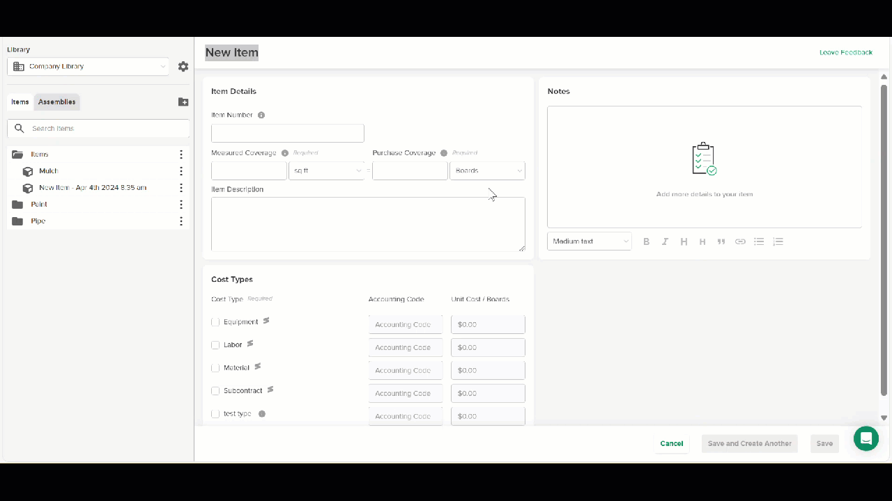 Create, Edit, or Delete Custom Items – STACK Construction Technologies