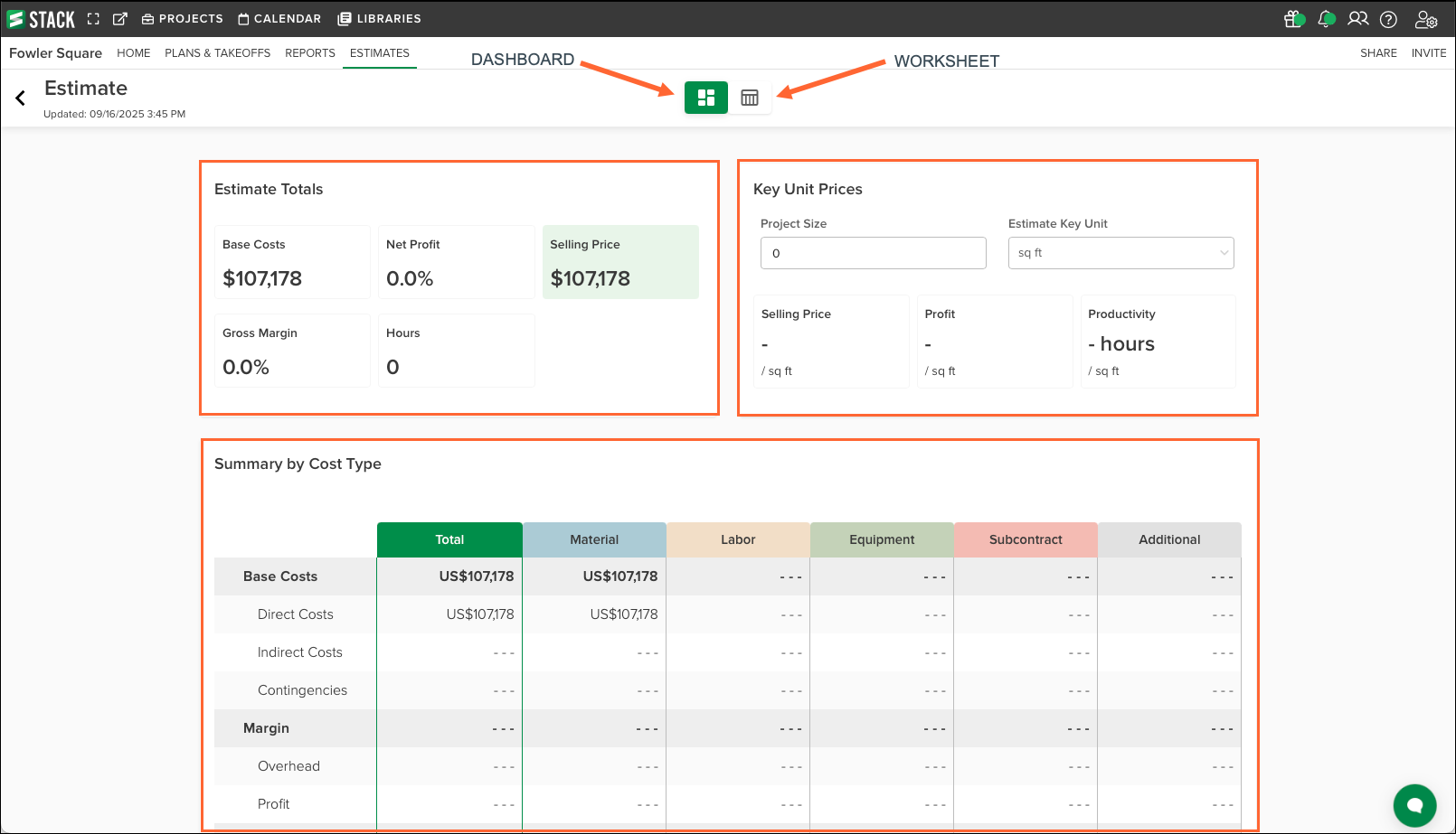 Estimate Worksheet Dashboard – STACK Construction Technologies
