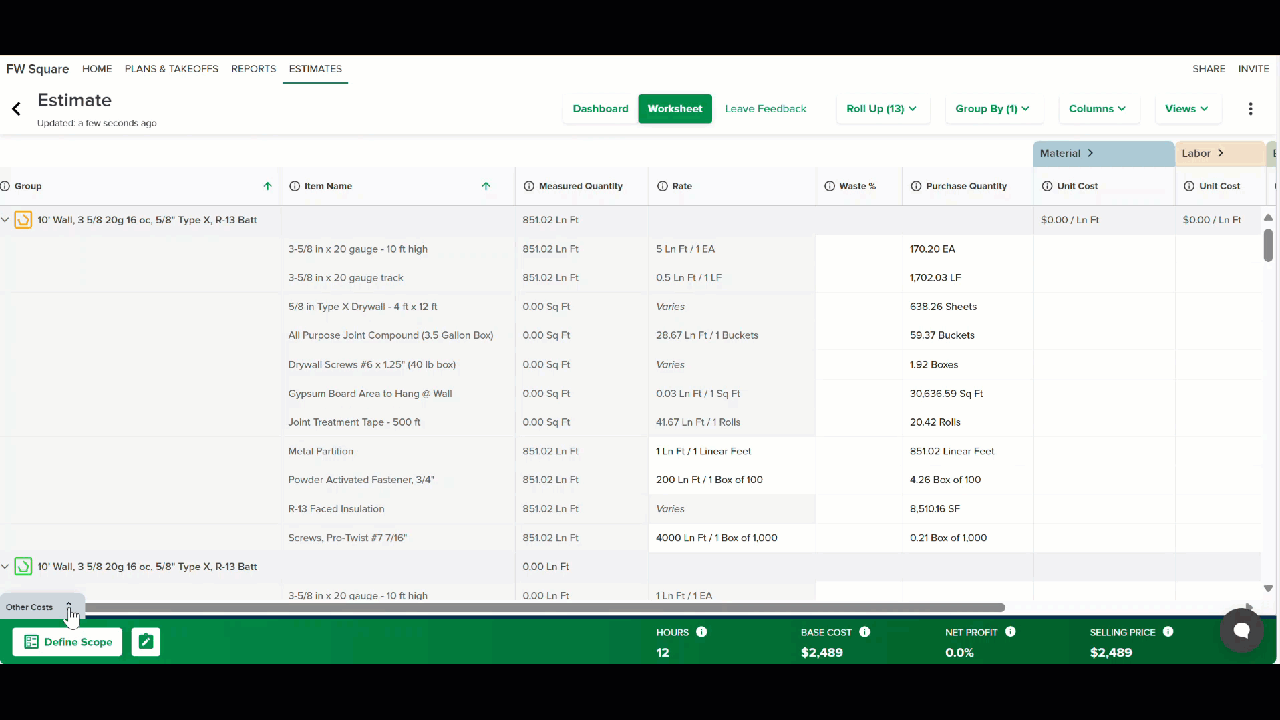 Add or Delete Additional Costs from an Estimate Worksheet – STACK Construction Technologies