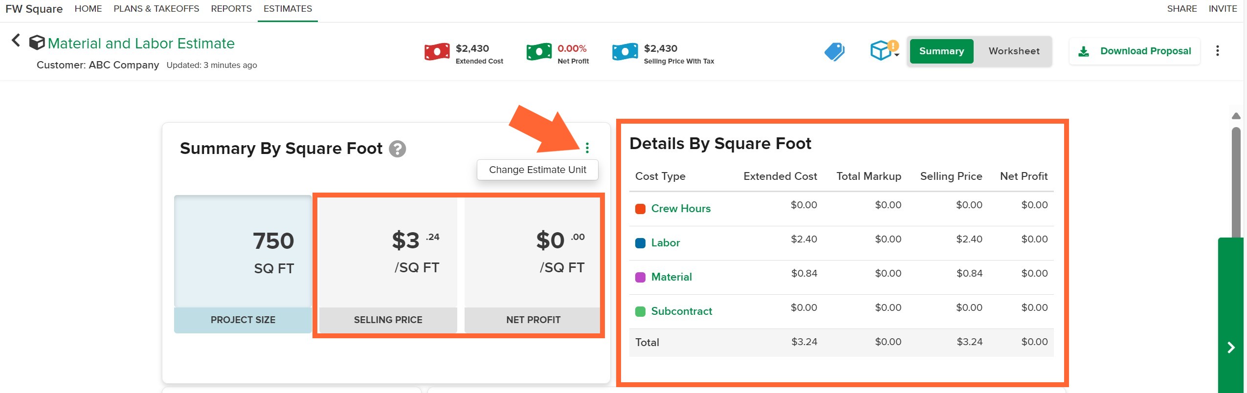 Summary Section Overview for Unit Cost Material and Labor Estimates ...